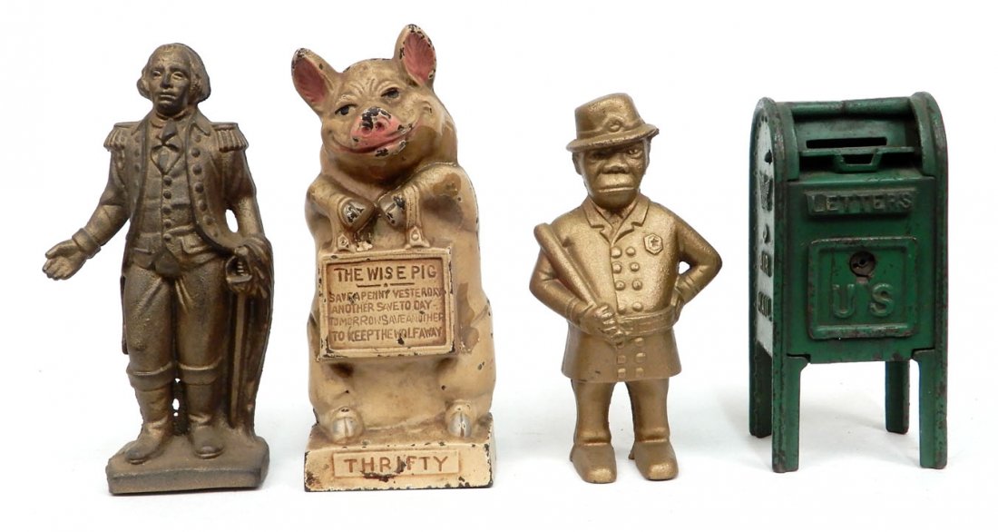 Four painted cast iron banks