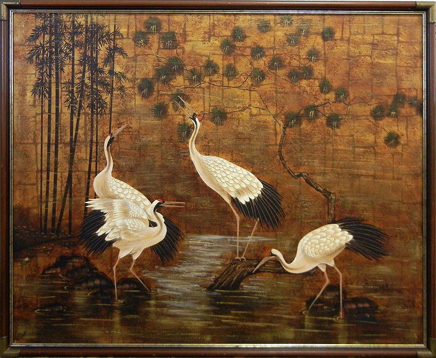 404: B. Joseph oil on canvas, four white cranes in land