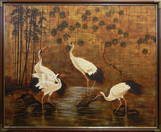 B. Joseph Oil On Canvas, Four White Cranes In Land