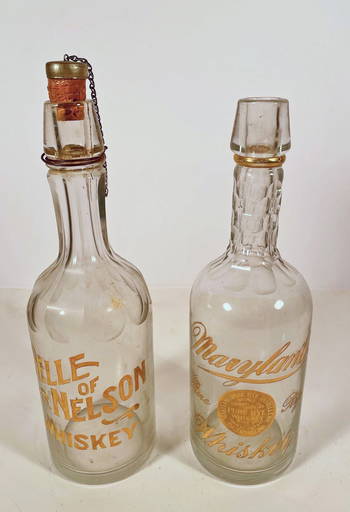 Antique Glass Whiskey Back Bar Bottles Grouping