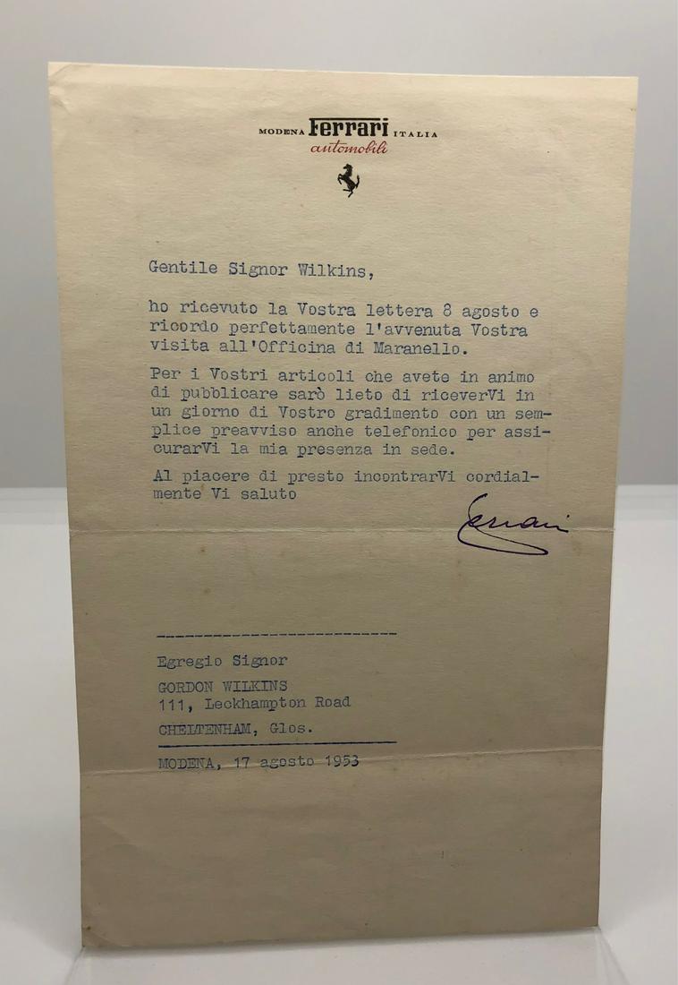 Enzo Ferrari Signed Letter From 1953 Auction
