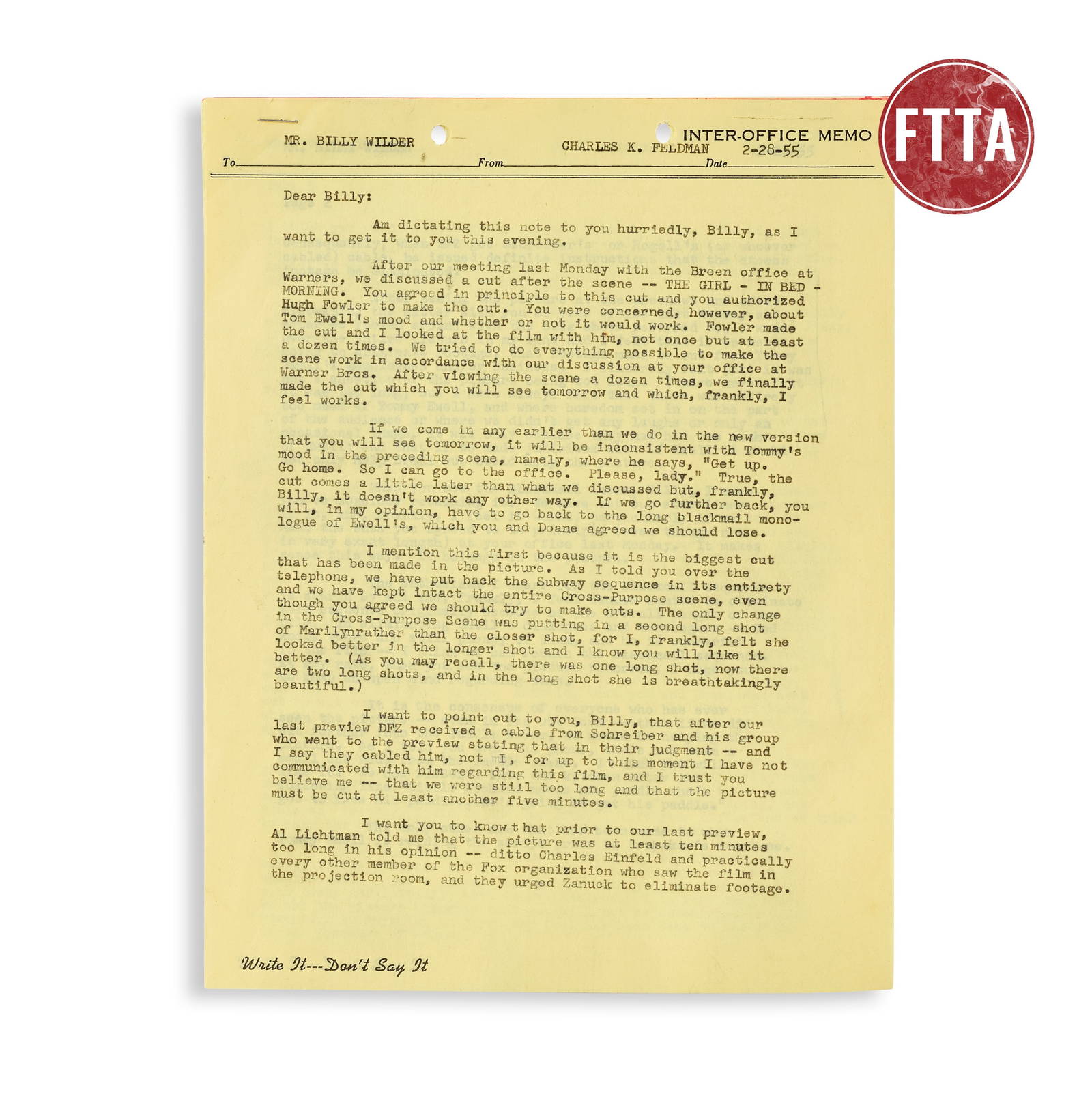 Script Notes To Billy Wilder Re Breen Office Mtg Auction