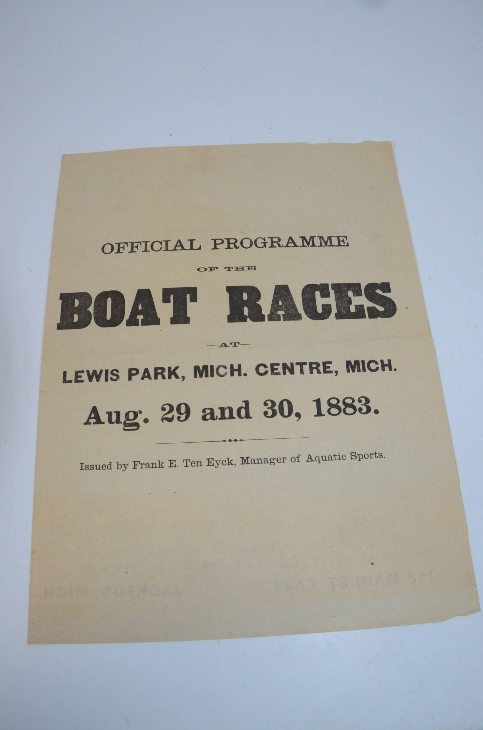 Michigan Central Rr Boat Races Program-august 1883 Auction