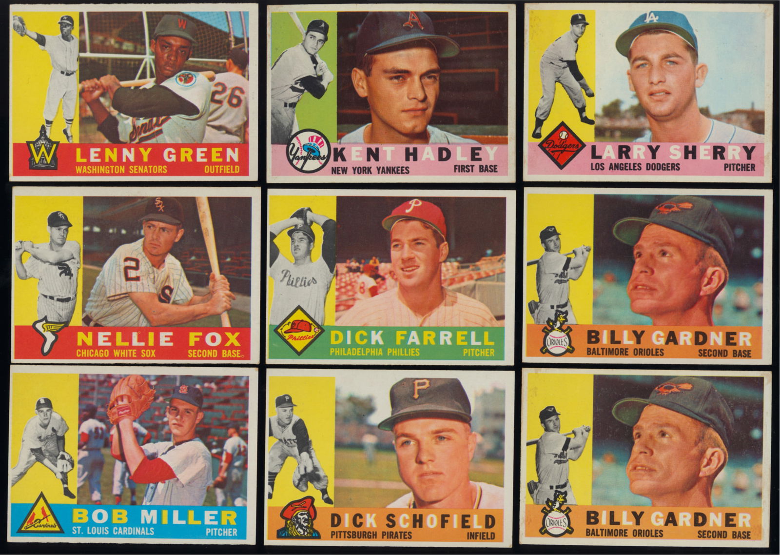 Lot Of 9 Topps Baseball Cards From 1960 Lenny Green, Nellie Fox, Bob ...