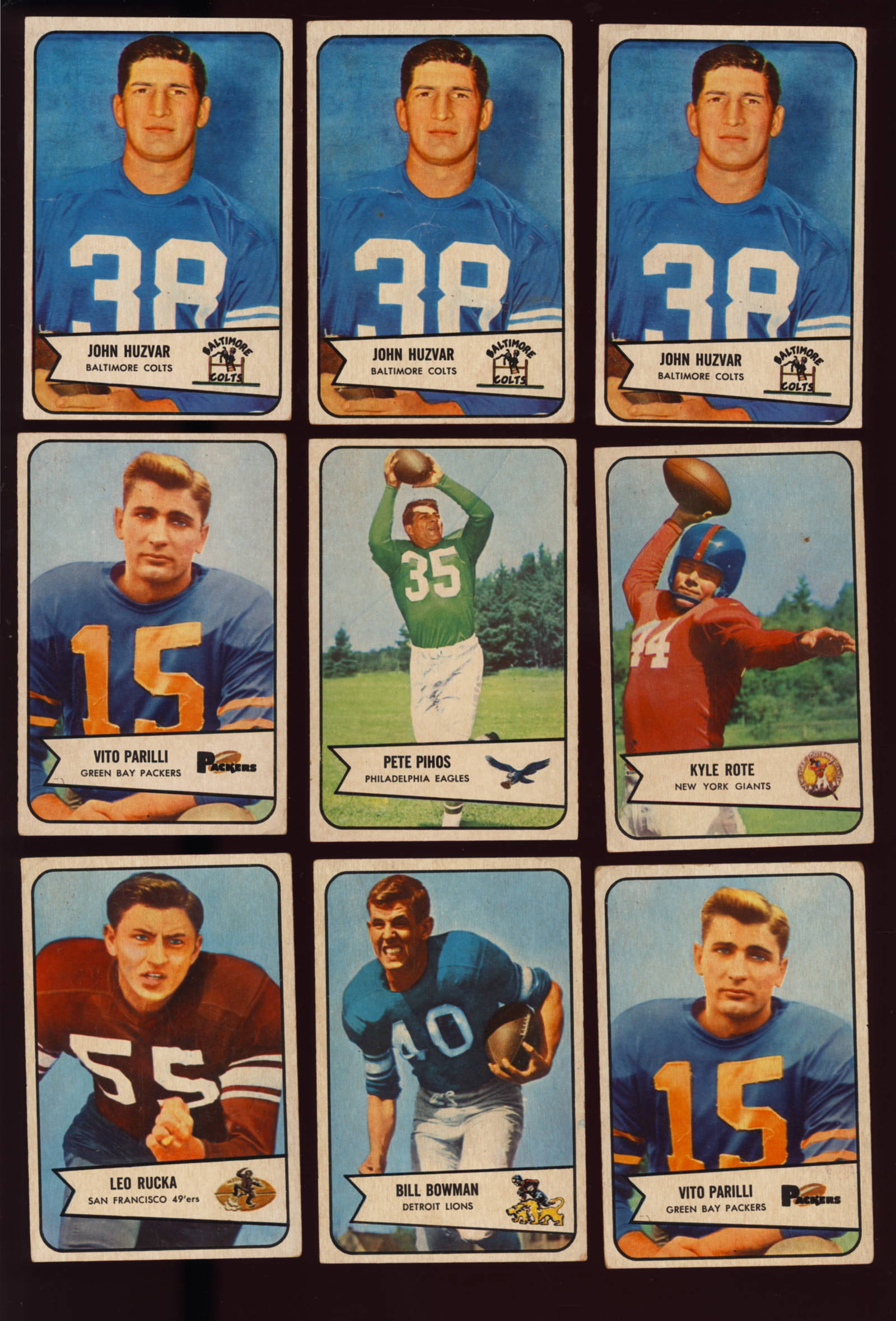 Lot Of Nine 1954 Bowman Football Cards John Huzvar, Vito Parilli, Pete ...
