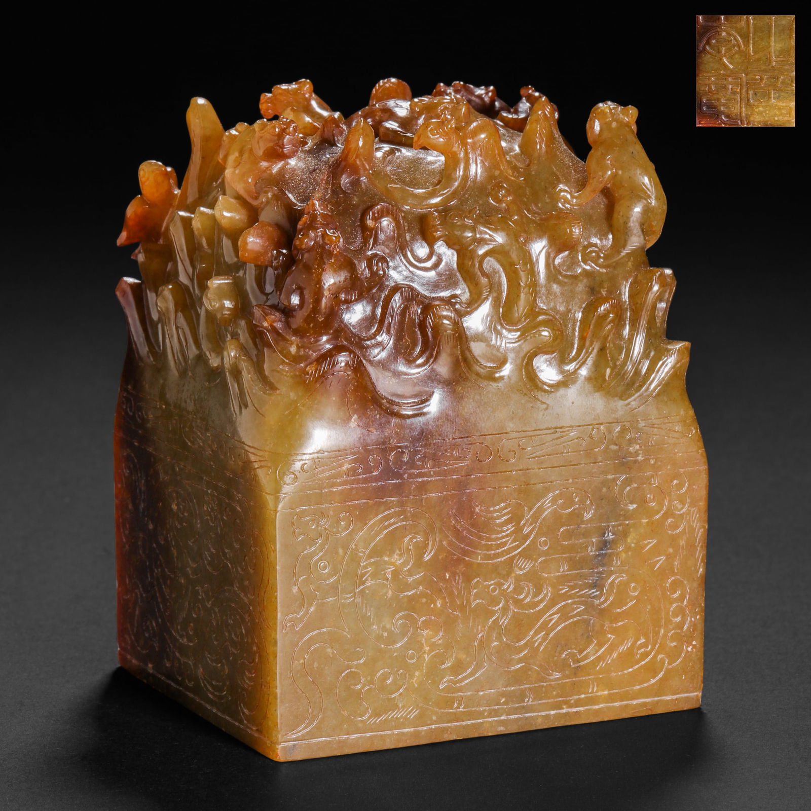 Pre-ming Dynasty Hotan Jade Seal Of Hundreds Of Animals Auction
