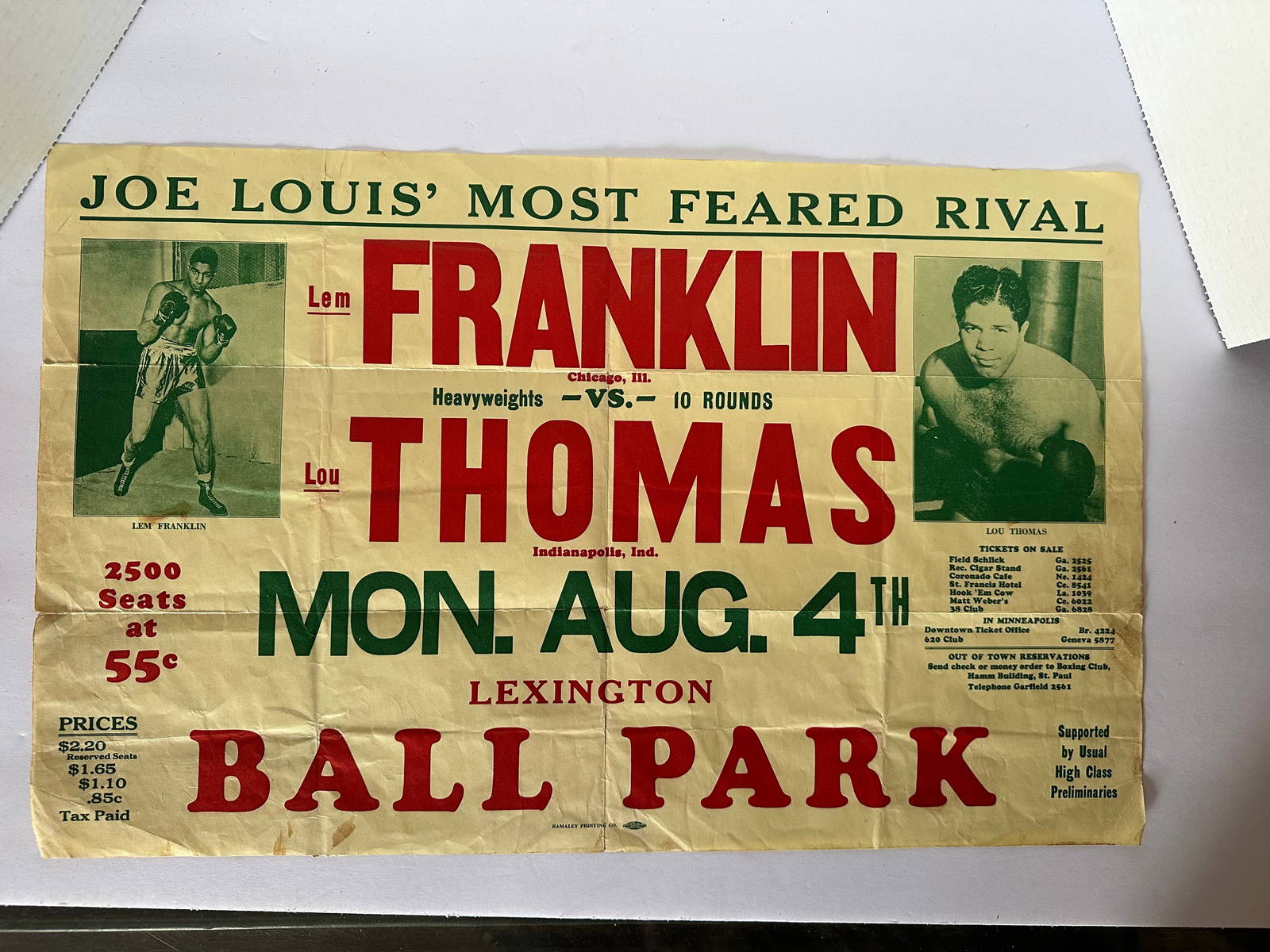Vintage Heavyweight Boxing Poster Lem Franklin Vs Lou Thomas 1941 Auction