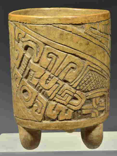 Pre Columbian Maya Pottery Incised Ritual Polychrome Cylinder Auction