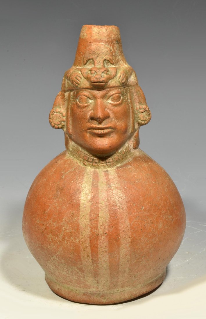 Pre Columbian Moche Pottery Painted Figural Bottle Auction