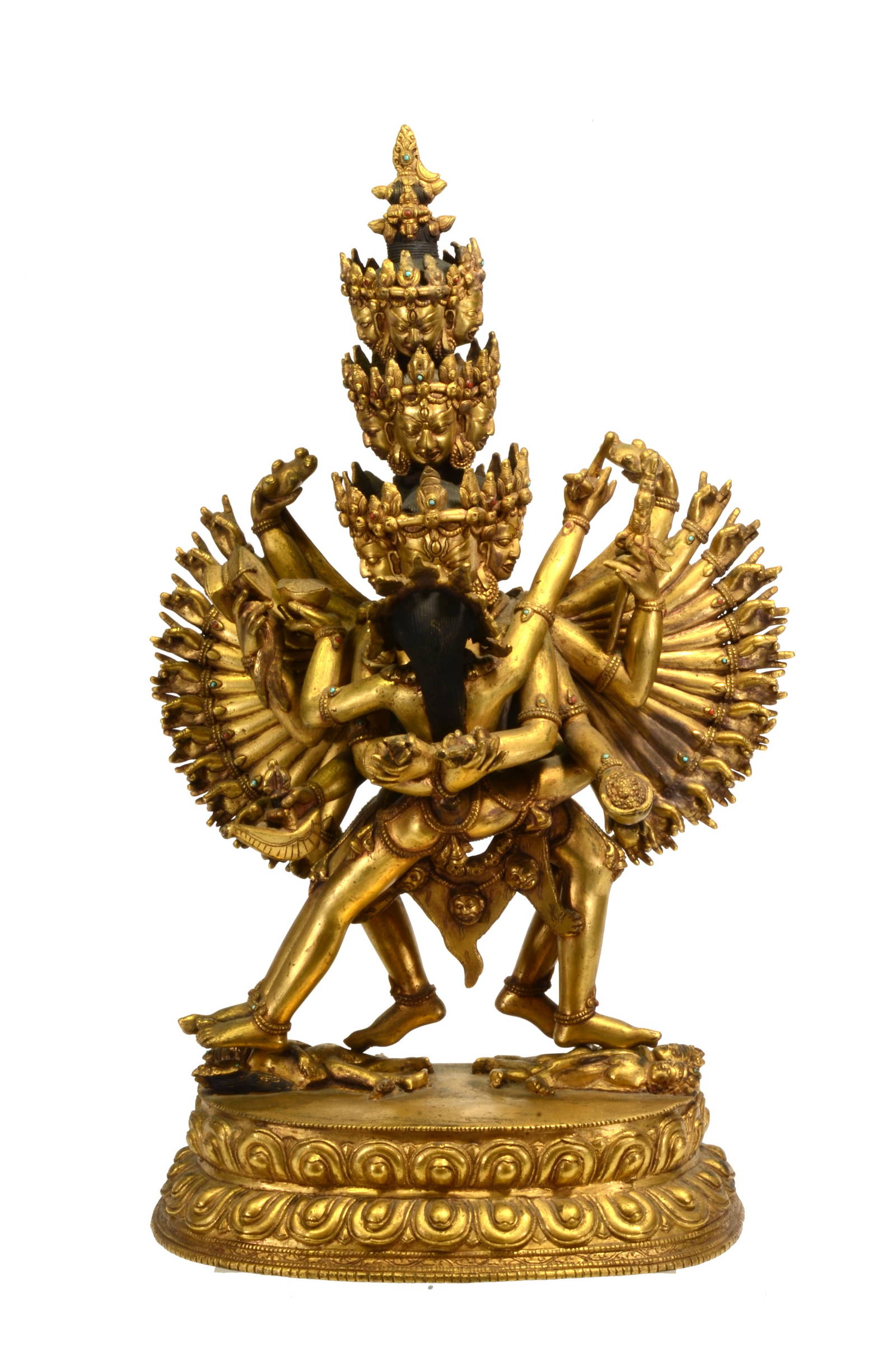 Sino Tibetan Tantric Multi Headed Multi Arm Gilt Bronze Deity In Yab ...