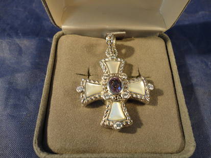 Judith Ripka Sterling Silver Maltese Cross W/amethyst And Mother Of Pearl