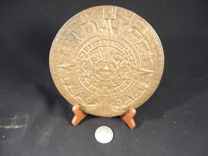 Vintage Bronze Mayan Calendar 8 1/2 Inch Disc On Stand