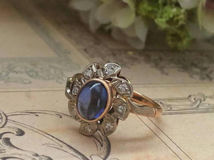 Vintage Women's Ring Soviet Gold 585/14k Ussr Sapphire Yakut Diamonds