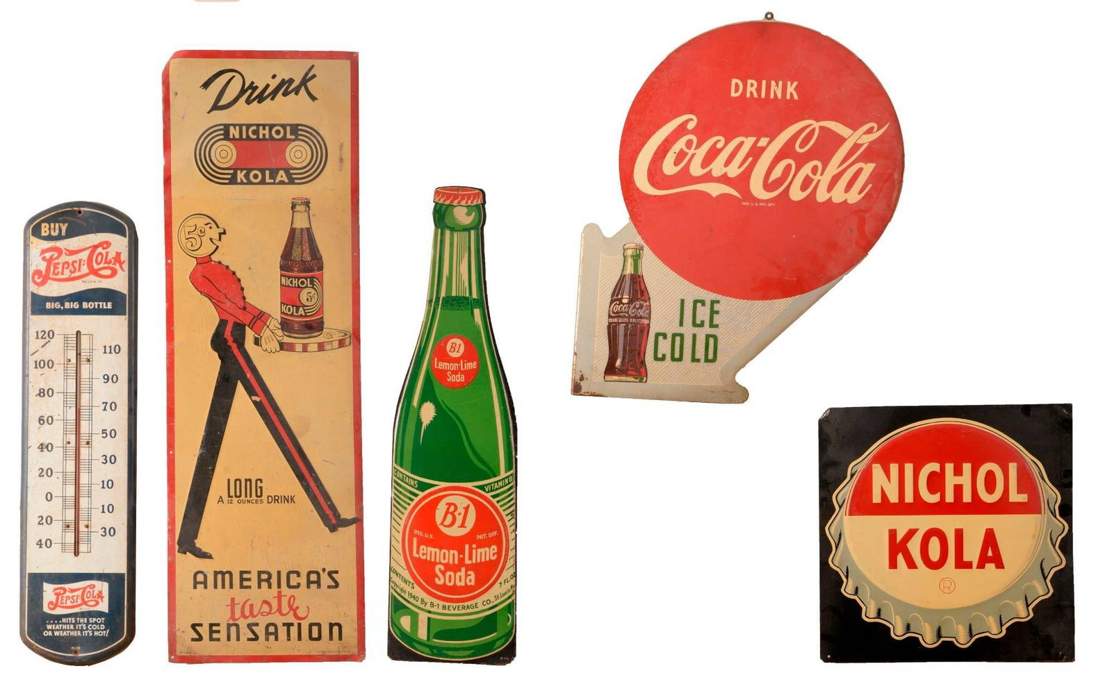 Five Vintage Tin Kola And Pepsi Advertising Signs Auction