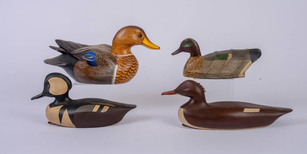 Three Wood Painted Decoys With A Paper Mache Decoy