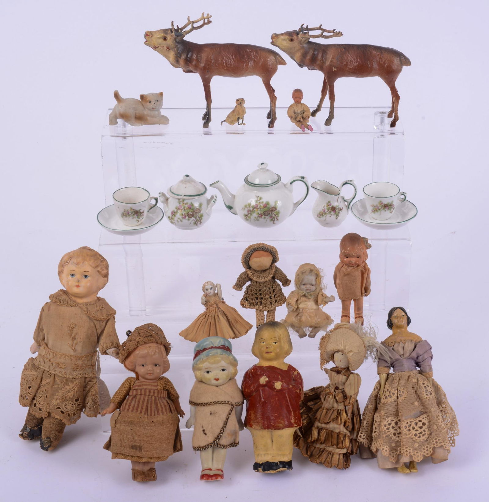 11 Small Antique Dolls With Porcelain Child's Tea Set Auction