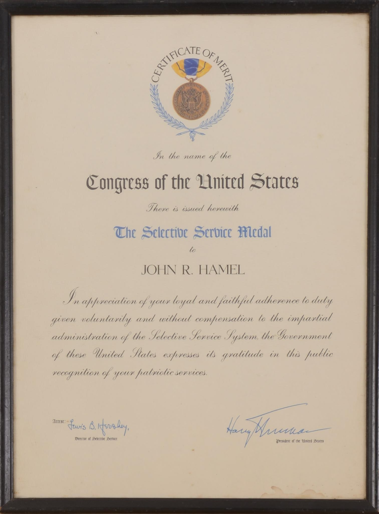 Harry Truman Signed Selective Service Medal Certificate. Auction