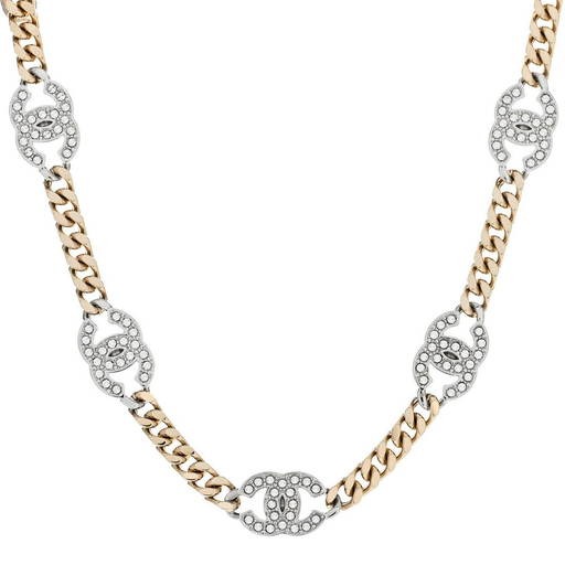 Vintage Chanel Cc Logo Rhinestone Gold Tone Cuban Link Chain Necklace