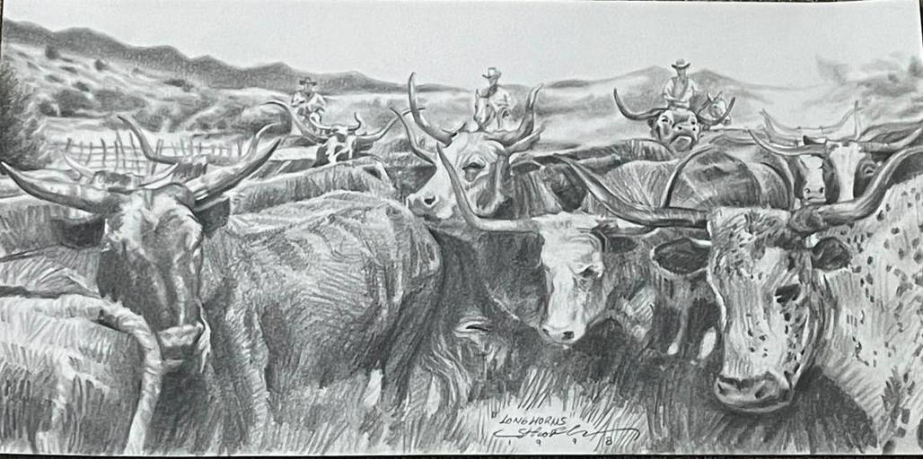 In The Style Of Robert "shoofly" Shufelt Longhorns Drawing Â€“ Graphite ...