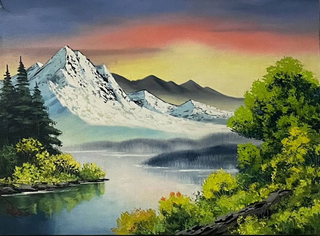 In The Style Of Bob Ross - Sunset - Snow Capped Peaks Sunset Landscape ...
