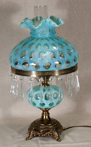 Fenton Blue Opalescent Coin Dot Lamp