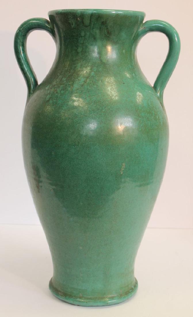 Monumental green glazed redware vase w 2 handles - 19