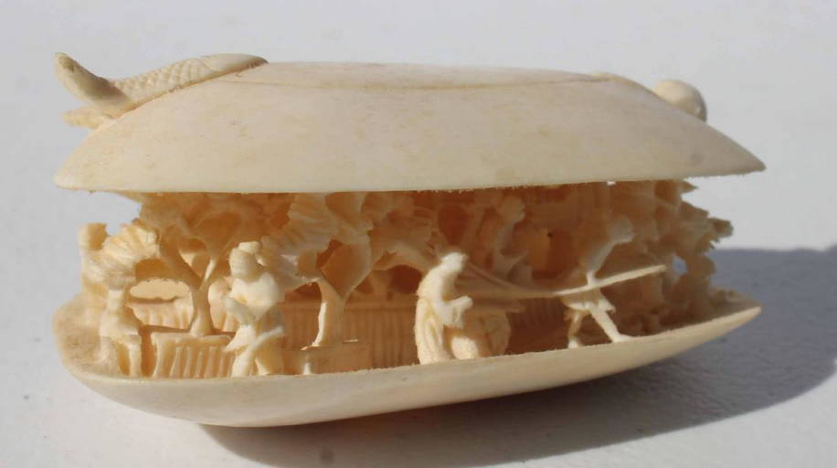 Very Fine Bone Clam W Intricately Carved Figural Scene