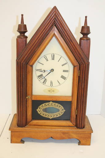 Antique Steeple Clock W Reverse Painted Door 19