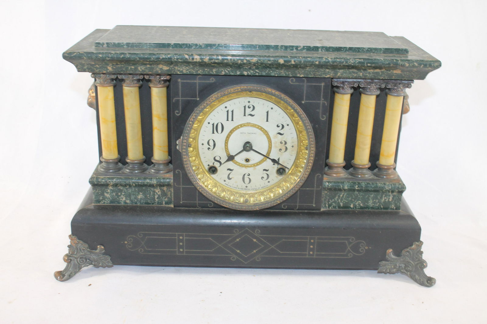 Seth Thomas Faux Slate & Marble Wooden Mantle Clock