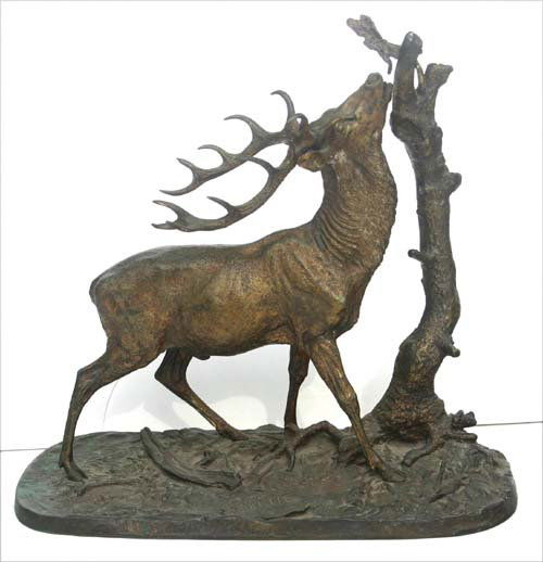 229: Fine large bronze stag sculpture by PJ Mene