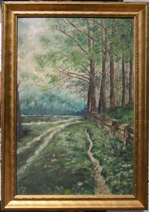 303A: 19thC 18x12 o/bd landscape w trees, fence & count
