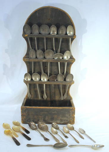 Primitive style spoon rack in blue paint w several spoons incl pewter ...