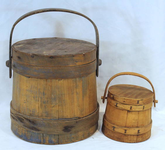 2 bail handled wooden firkin buckets w covers - 1 in traces of blue ...