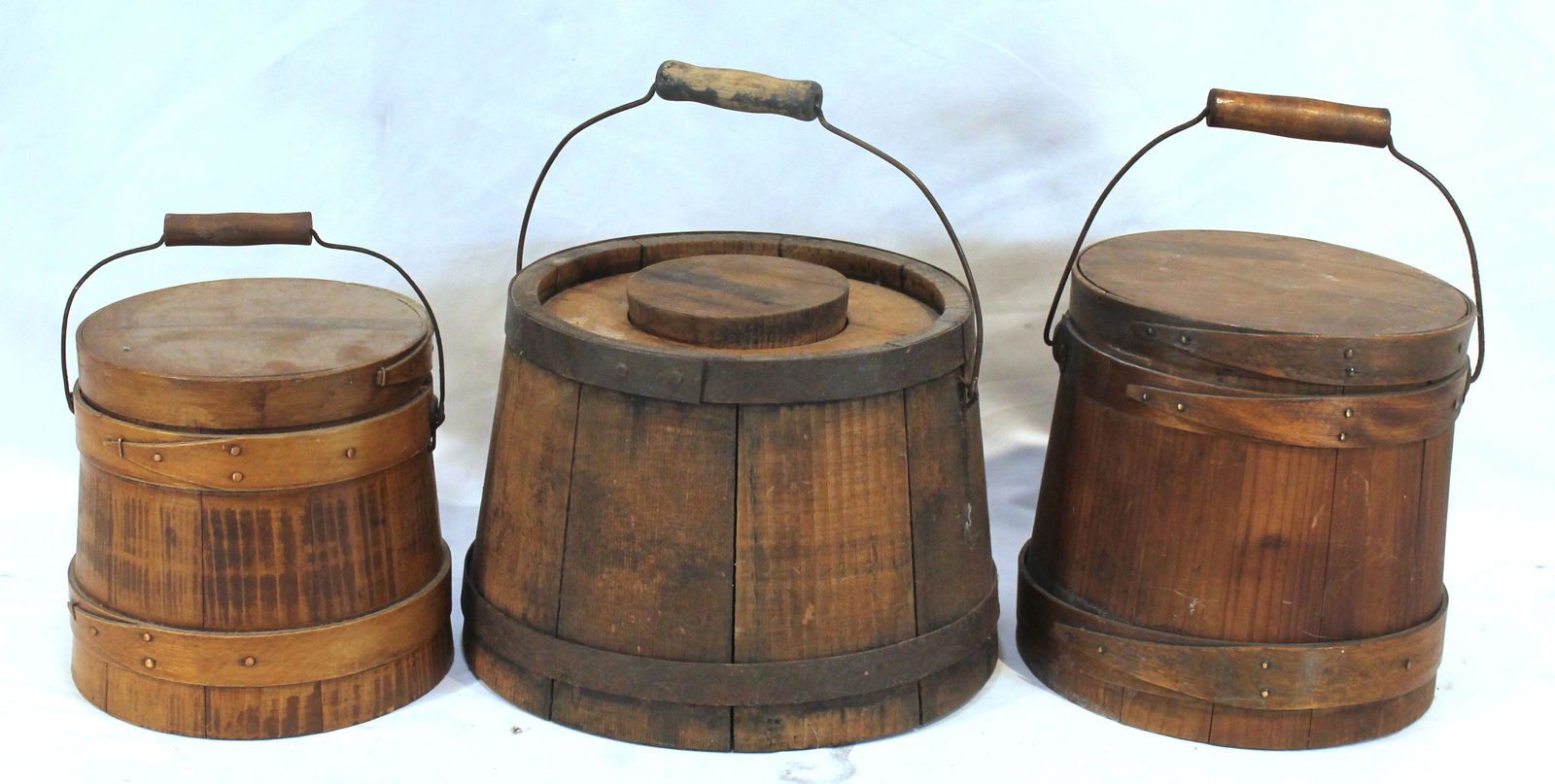 3 wooden covered buckets w bail handles - 6"-7 1/2" tall (#0303) on Mar ...