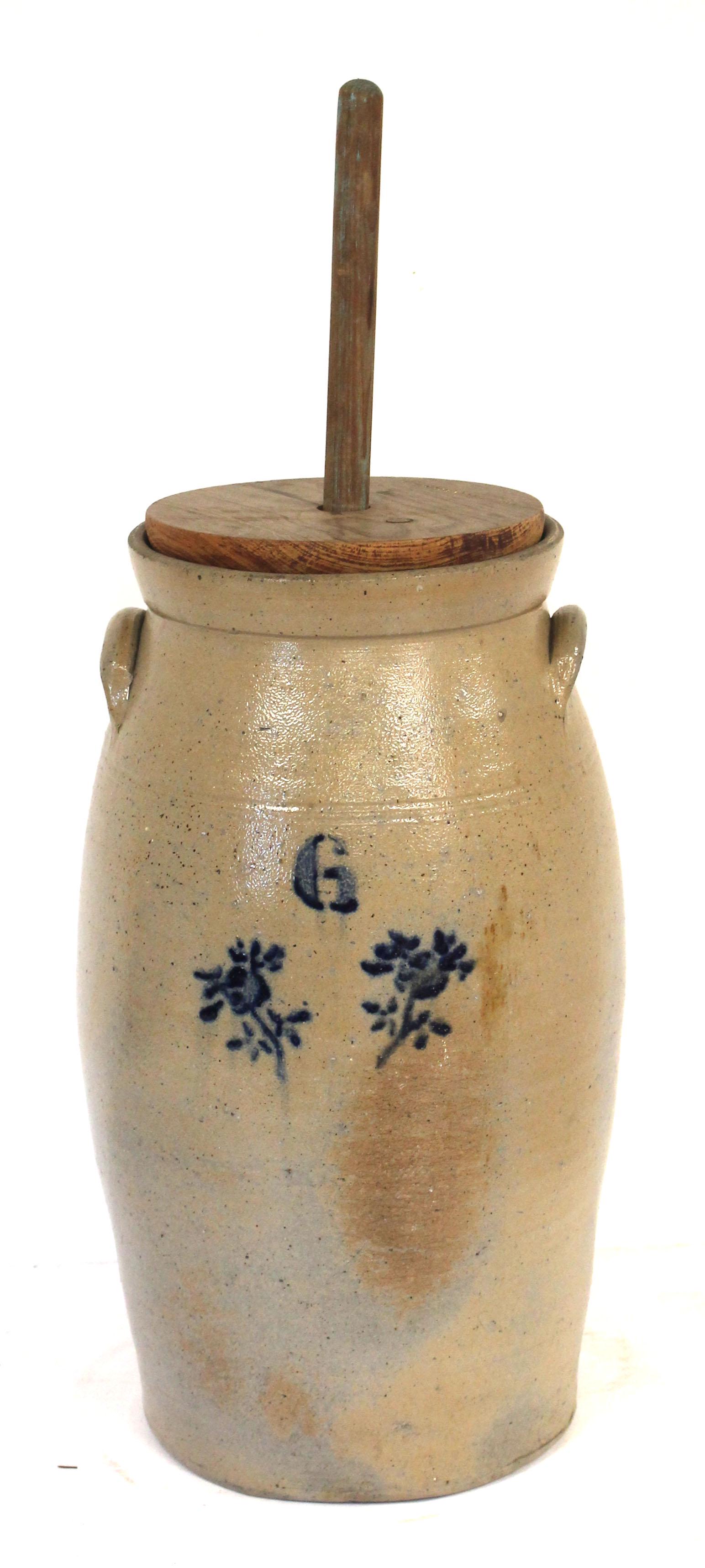 Stoneware cobalt dec 6 gal butter churn w wooden dasher - stoneware is ...