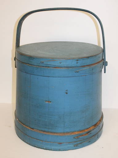 Large covered firkin in blue paint - 14" tall x 14" diam top (#0292) on ...