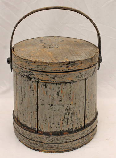 Antique firkin bucket in gray paint w traces of blue - 11" tall (#0054 ...