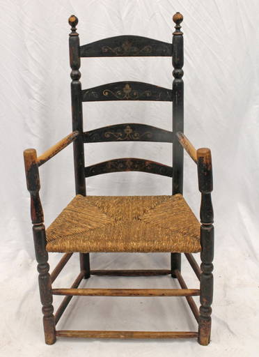 17thC ladderback armchair in black paint w paint dec slats & supports ...
