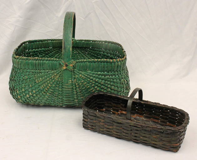 Lot of 2 fixed handled baskets in green paint - 16 1/2" x12" x 14" tall ...