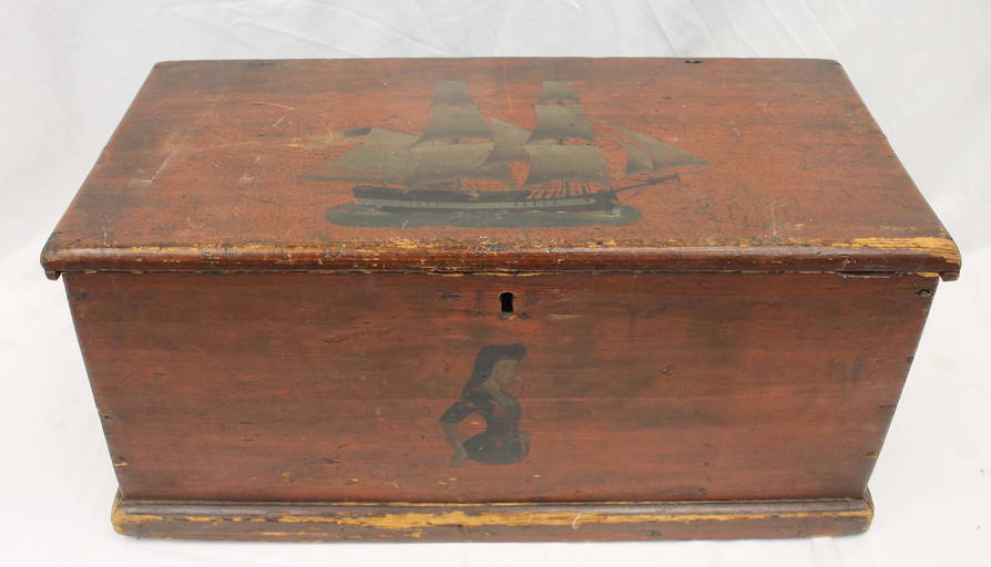 19thC+C245 small blanket box w till in red paint w ship painted dec on ...