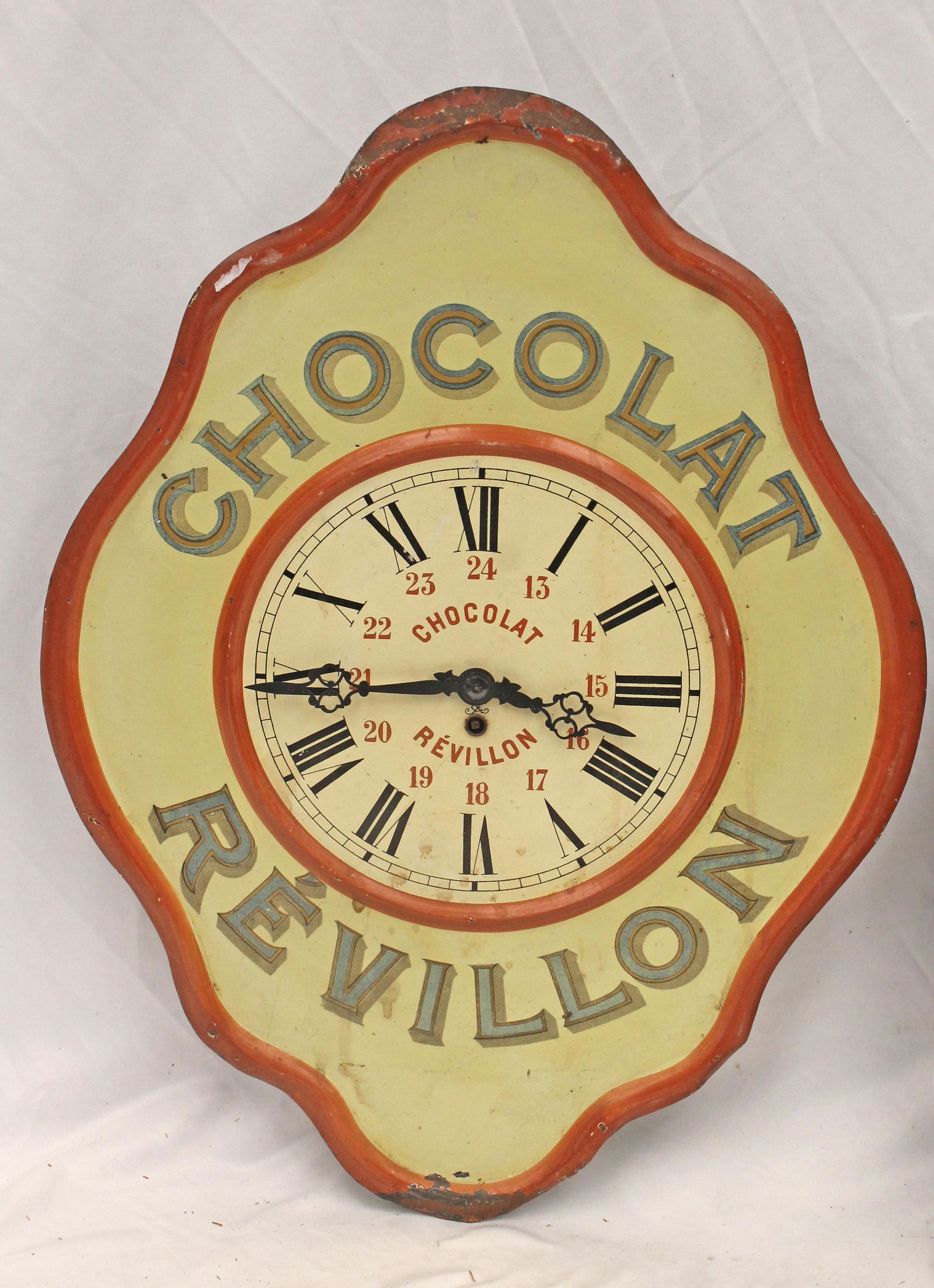"chocolat Revillon" Painted Tin Advertising Clock 23" Tall X 17 1/2" Wide