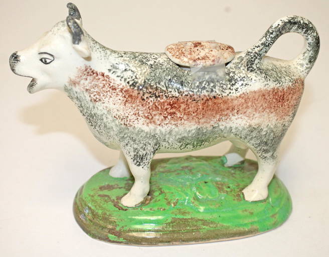 Antique Staffordshire Cow Creamer In Black & Brown Spatterware W Green ...