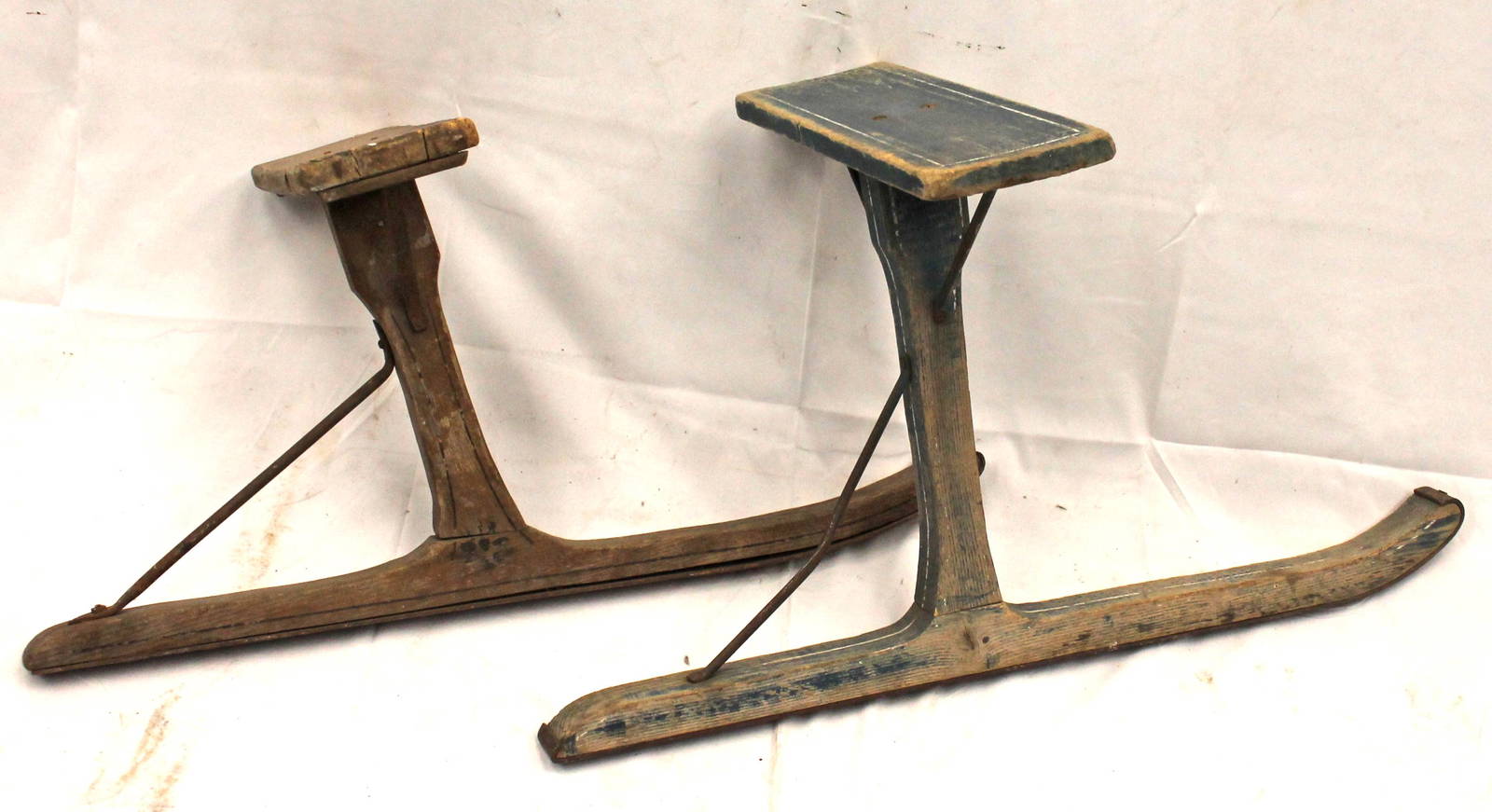 Lot Of 2 Early Wooden Painted Sit Skis/sleds - 1 In Blue & The Other In ...