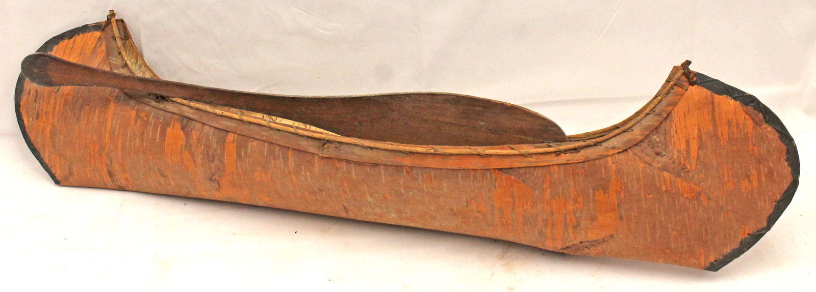 Folky Birch Bark Canoe W Wooden Slat Seats & Paddle 35" Long