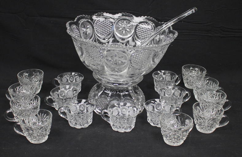 Vintage Glass Punch Bowl On Stand W Glasses & Ladle This Lot Was ...