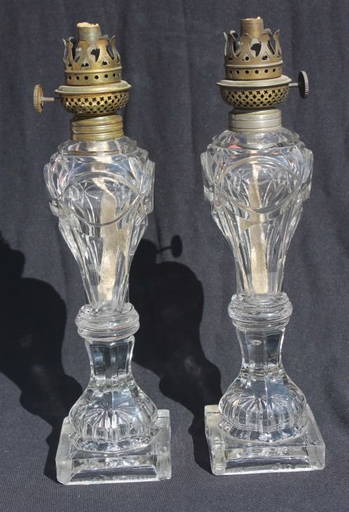 Pr Of 12" Tall 19thc Sandwich Glass Fluid Lamps