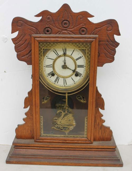 Antique Oak Waterbury Gingerbread Clock W Swan Dec