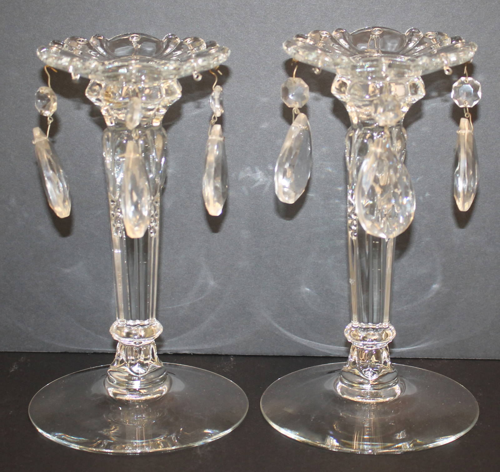 Pair Of Antique Crystal Candlesticks W Hanging Prisms - 8" Tall Auction