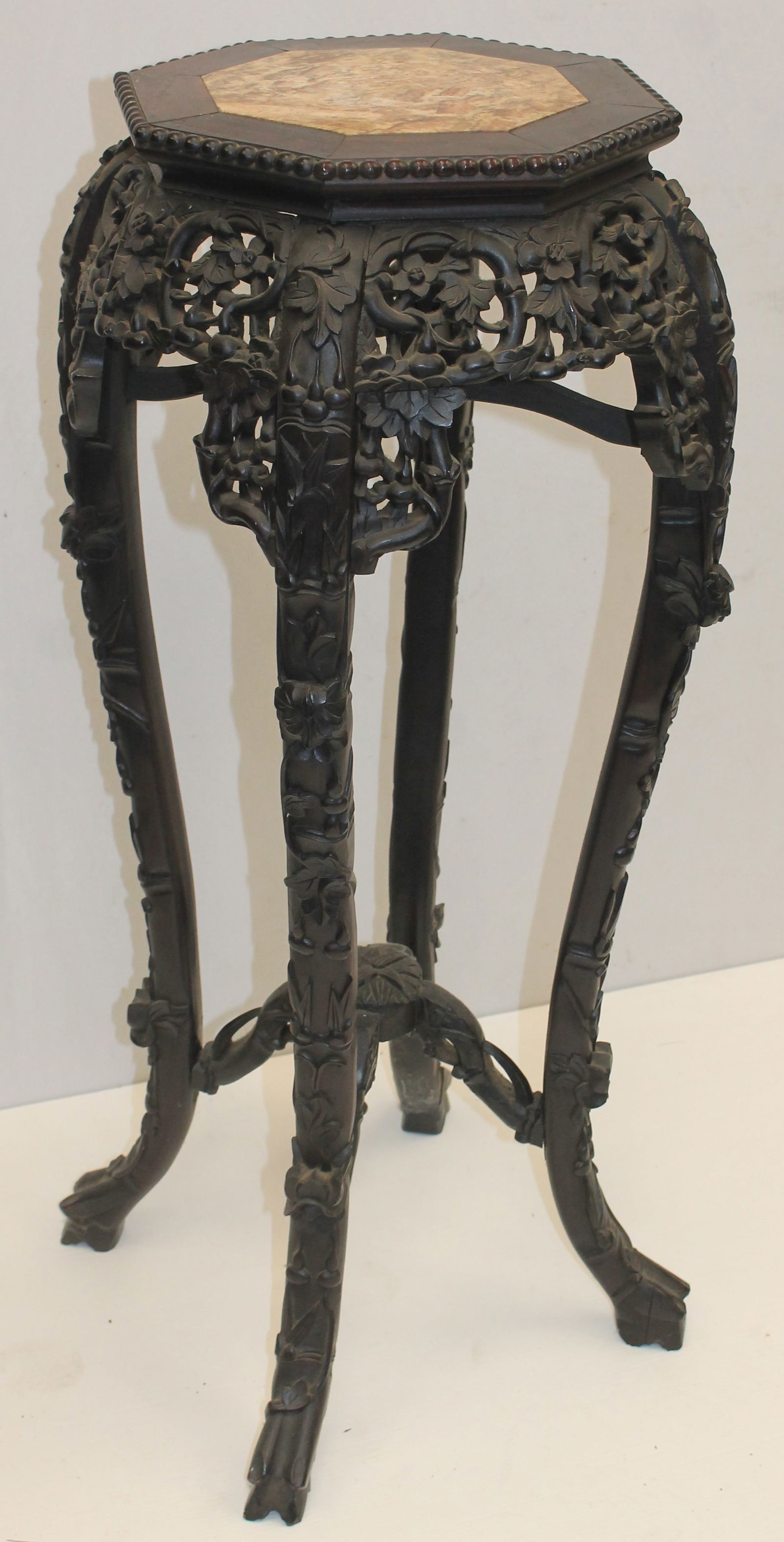 Antique Carved Rosewood Asian Taboret W Inset Marble Top - 36" Tall Auction