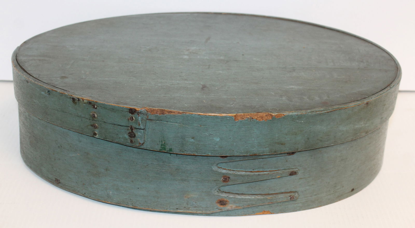 Large Antique Finger Lapped Pantry Box In Blue Paint - 13"x16 1/2" Auction